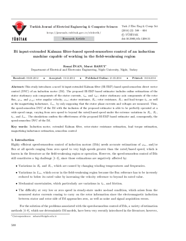 Pdf Bi Input Extended Kalman Filter Based Speed Sensorless Control Of
