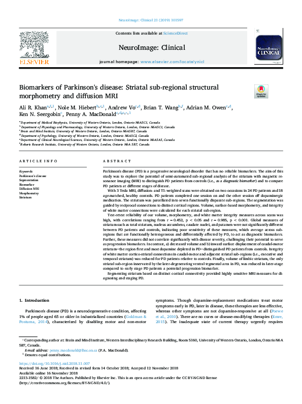(PDF) Biomarkers of Parkinson's disease: Striatal sub-regional structural morphometry and ...