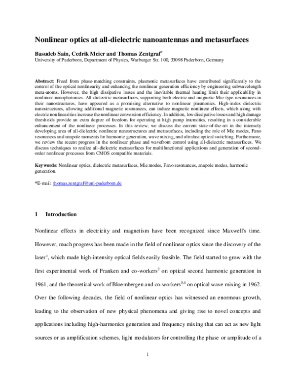 (PDF) Nonlinear optics at all-dielectric nanoantennas and metasurfaces