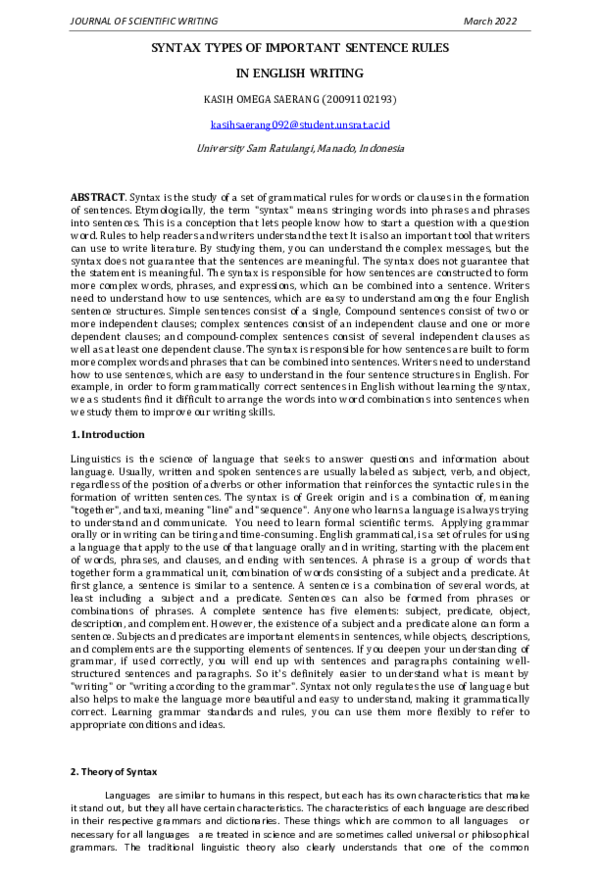 (PDF) SYNTAX TYPES OF IMPORTANT SENTENCE RULES IN ENGLISH WRITING