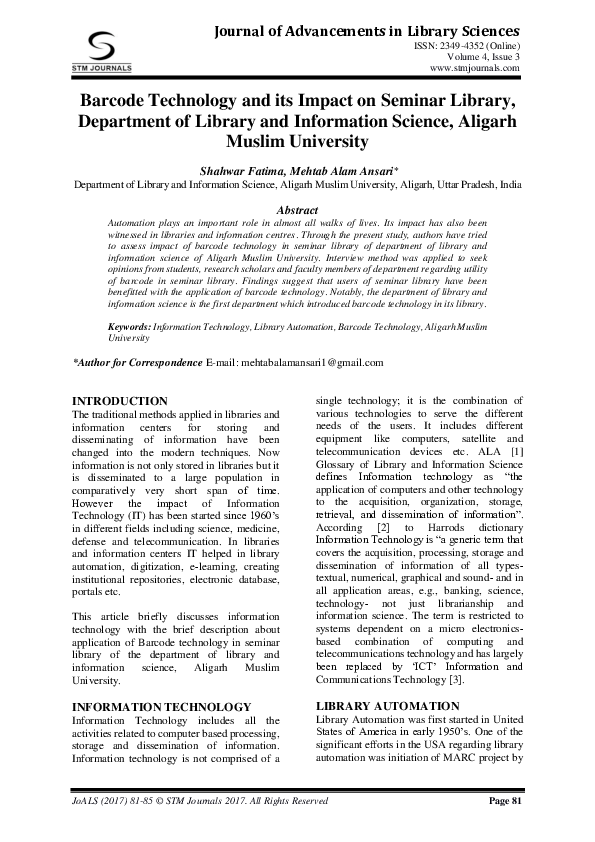 (PDF) Barcode Technology and its Impact on Seminar Library, Department ...