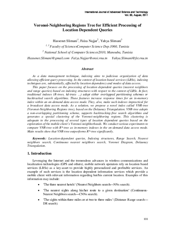 Pdf Voronoi Neighboring Regions Tree For Efficient Processing Of Location Dependent Queries