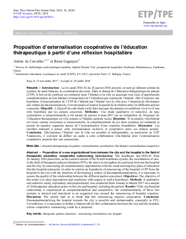 (PDF) Proposition d’externalisation coopérative de l’éducation thérapeutique à partir d’une ...