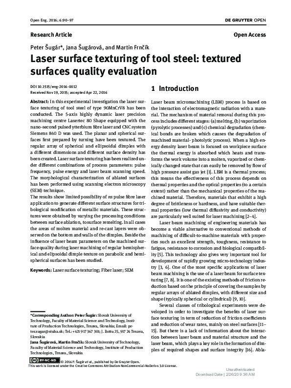 Pdf Laser Surface Texturing Of Tool Steel Textured Surfaces Quality Evaluation