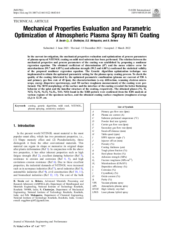 (PDF) Mechanical Properties Evaluation and Parametric Optimization of Atmospheric Plasma Spray ...