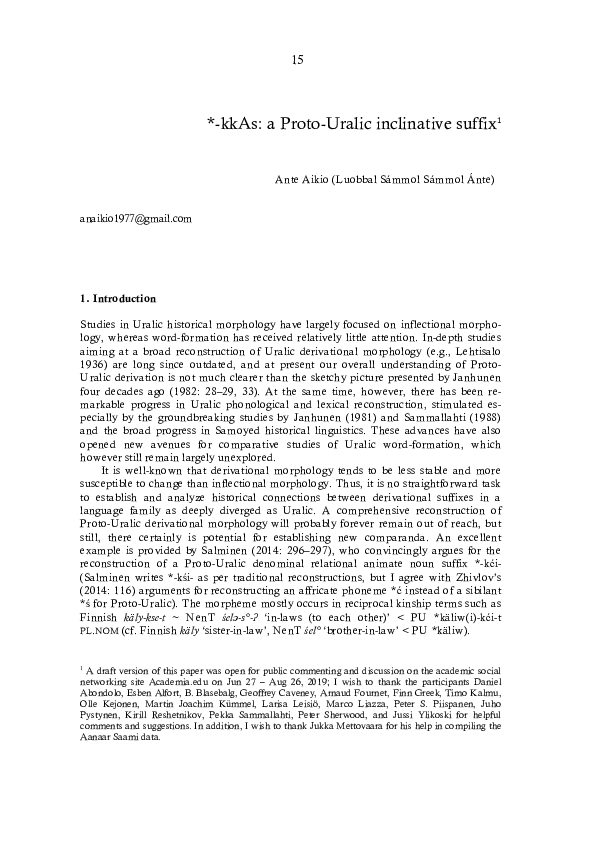 (PDF) *-kkAs: a Proto-Uralic inclinative suffix