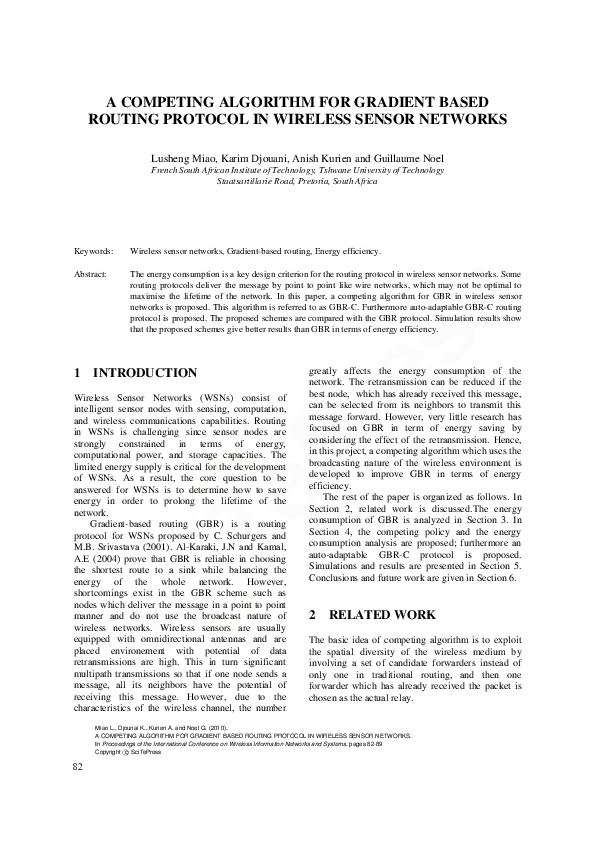 (PDF) A competing algorithm for gradient based routing protocol in wireless sensor networks