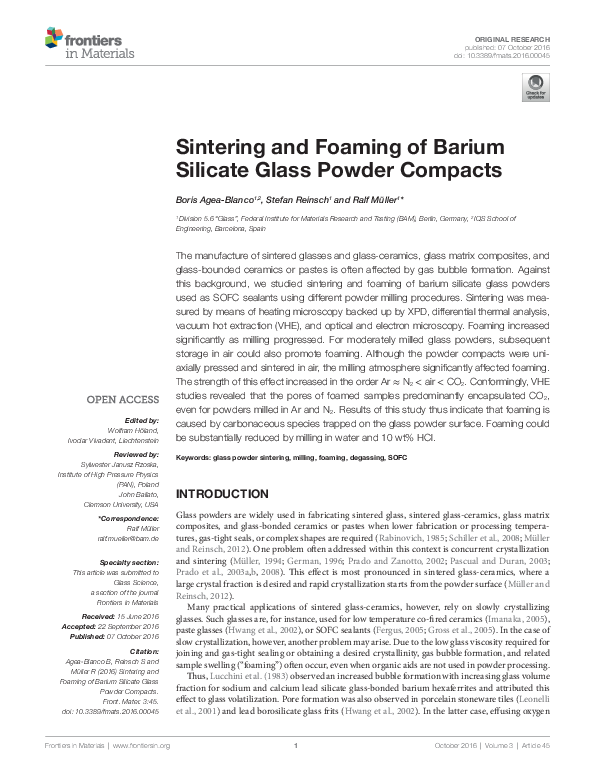 (PDF) Sintering and Foaming of Barium Silicate Glass Powder Compacts