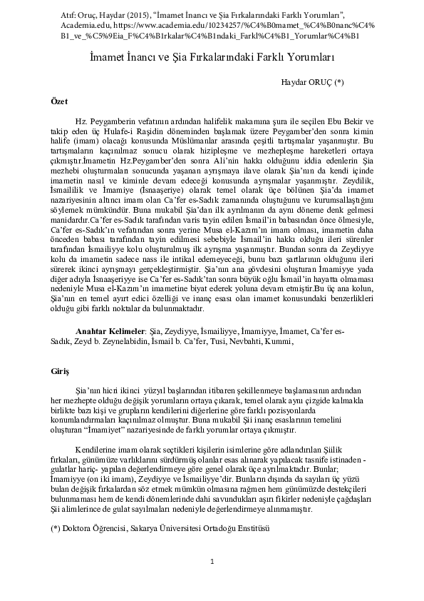 (PDF) İmamet İnancı ve Şia Fırkalarındaki Farklı Yorumları