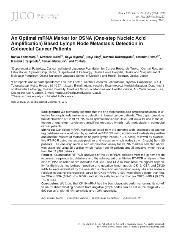 (PDF) An Optimal mRNA Marker for OSNA (One-step Nucleic Acid ...