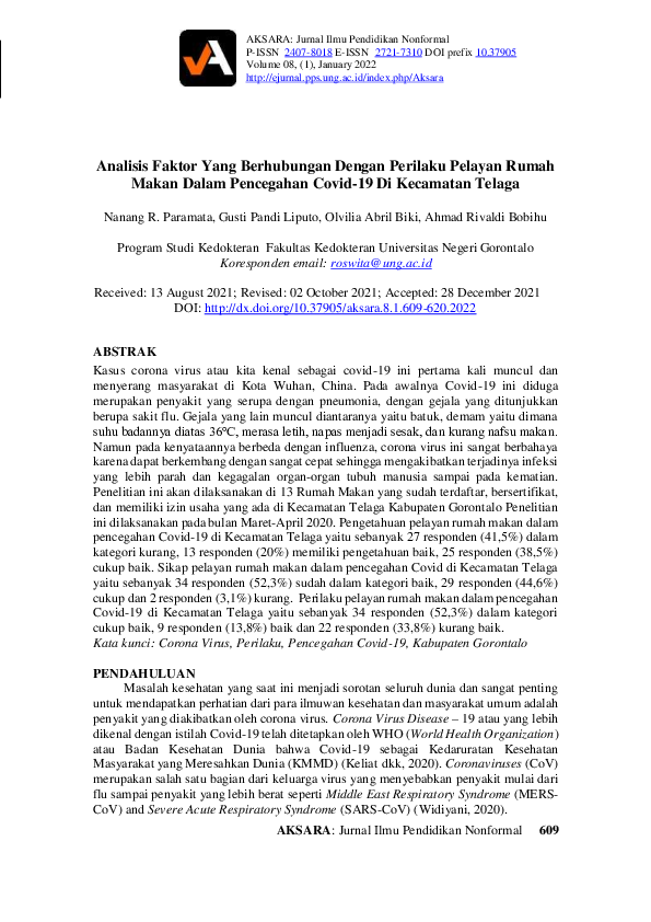 (PDF) Analisis Faktor Yang Berhubungan Dengan Perilaku Pelayan Rumah Makan Dalam Pencegahan ...