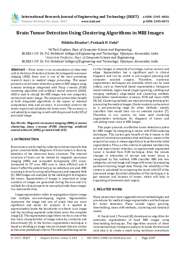 Pdf Brain Tumor Detection Using Clustering Algorithms In Mri Images