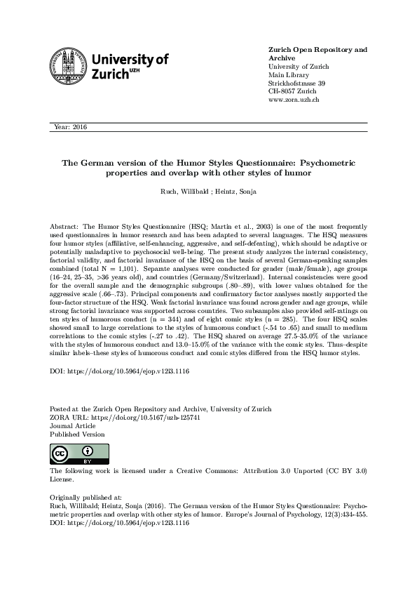 (PDF) The German Version of the Humor Styles Questionnaire ...
