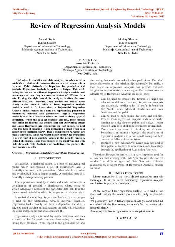 (PDF) Review of Regression Analysis Models