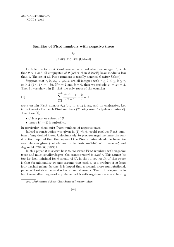 (PDF) Families of Pisot numbers with negative trace