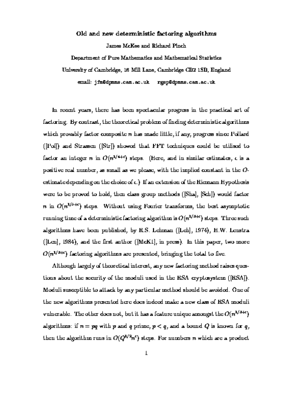 (PDF) Old and new deterministic factoring algorithms