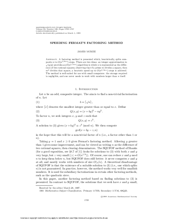 (PDF) Speeding Fermat's factoring method