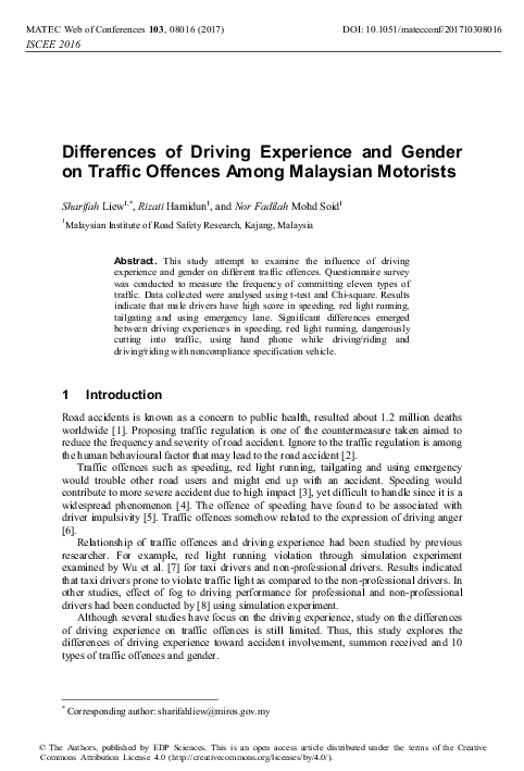 (PDF) Differences of Driving Experience and Gender on Traffic Offences ...