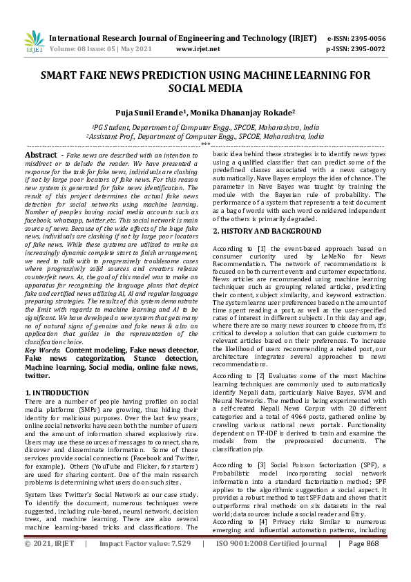 (PDF) Smart Fake News Prediction Using Machine Learning for Social ...