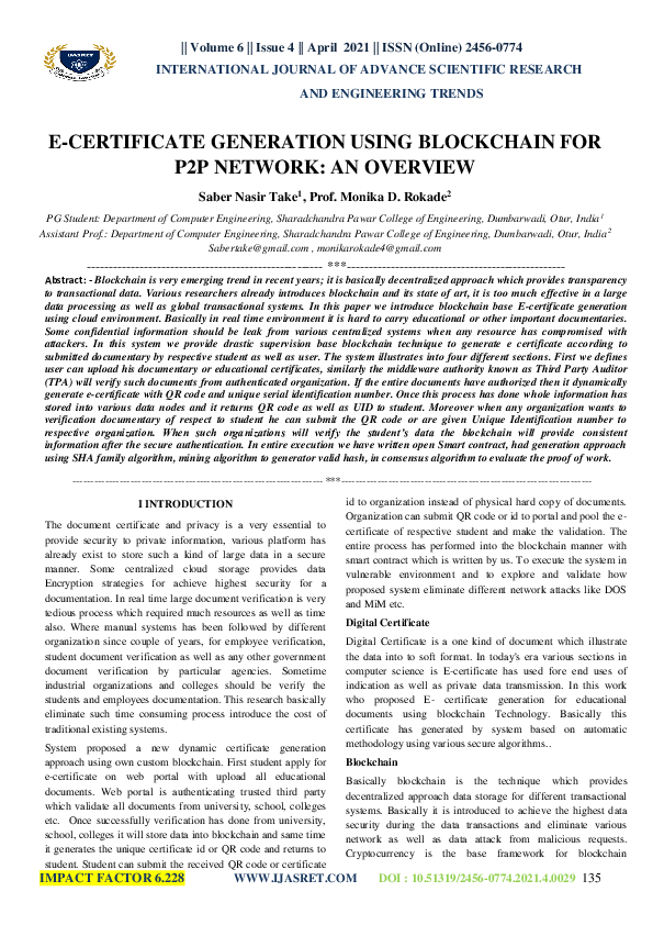 (PDF) E-Certificate Generation Using Blockchain for P2P Network: An ...