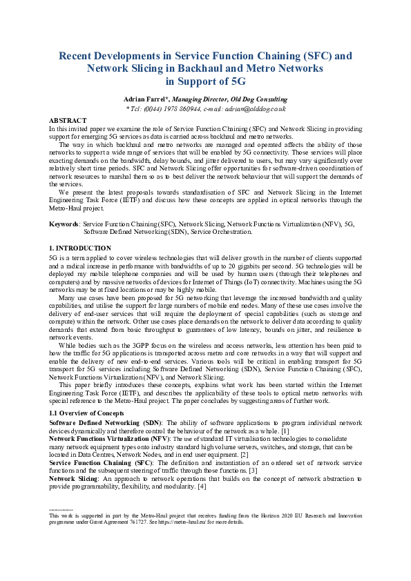 (PDF) Recent Developments in Service Function Chaining (SFC) and ...