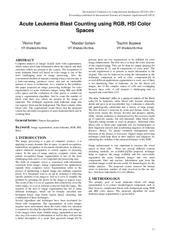 (PDF) Acute Leukemia blast counting using RGB, HSI color spaces