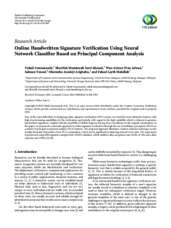 Pdf Research Article Online Handwritten Signature Verification Using Neural Network Classifier