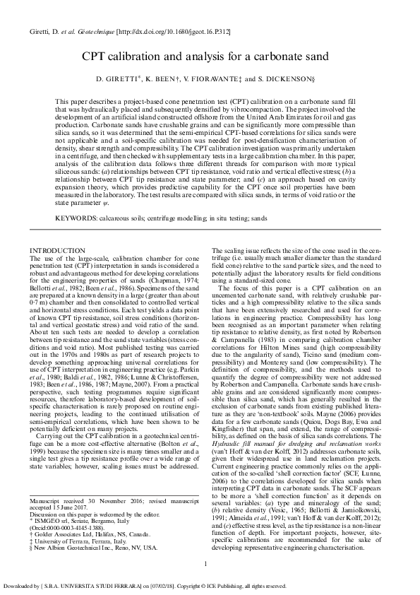 (PDF) CPT calibration and analysis for a carbonate sand