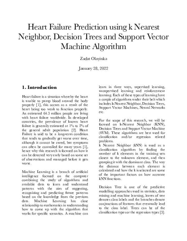 (PDF) Heart Failure Prediction using k Nearest Neighbor, Decision Trees and Support Vector ...