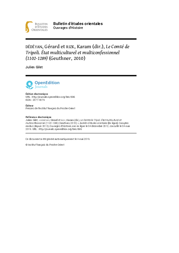 (PDF) Dédéyan, Gérard et Rizk, Karam (dir.), Le Comté de Tripoli. État ...
