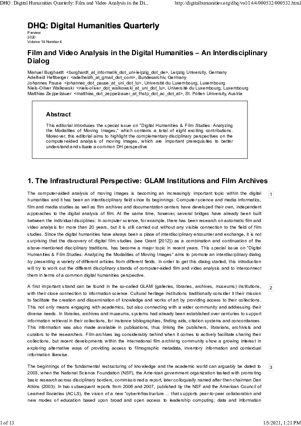 (PDF) Film and Video Analysis in the Digital Humanities - An Interdisciplinary Dialog