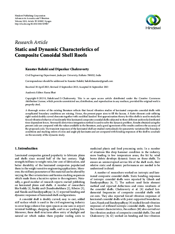 Pdf Static And Dynamic Characteristics Of Composite Conoidal Shell Roofs