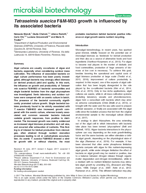 (PDF) Tetraselmis suecica F growth is influenced by its associated bacteria