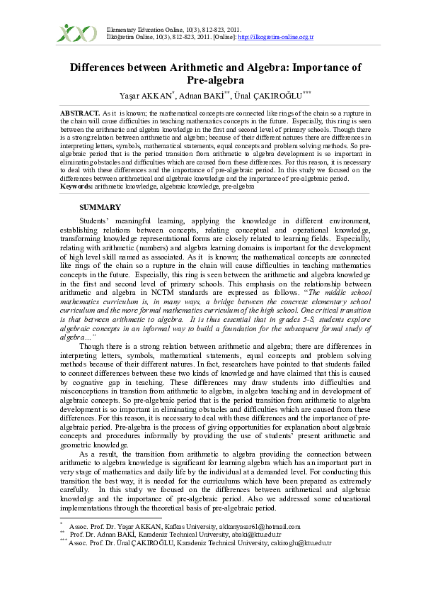(PDF) Differences between Arithmetic and Algebra: Importance of Pre-algebra
