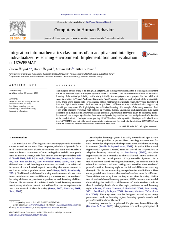Pdf Integration Into Mathematics Classrooms Of An Adaptive And Intelligent Individualized E