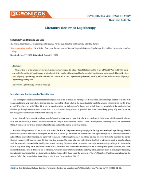 (PDF) Literature Review on Logotherapy