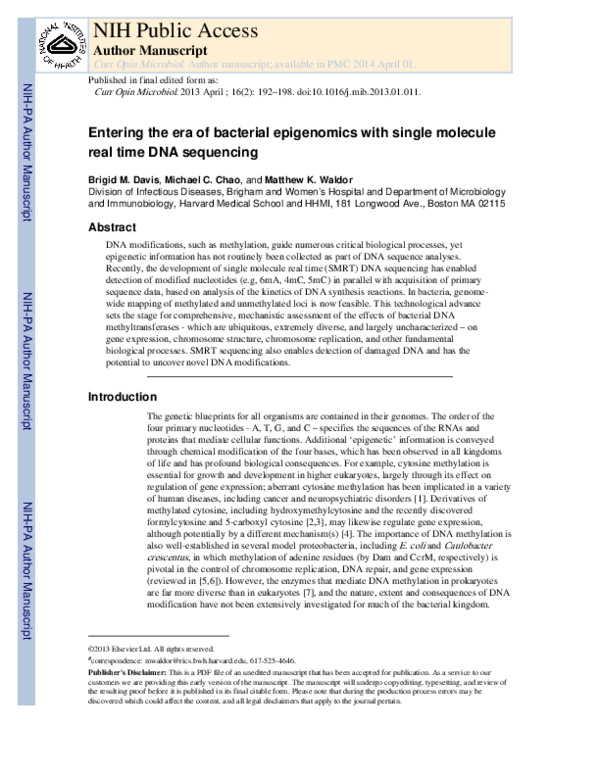 (PDF) Entering the era of bacterial epigenomics with single molecule ...