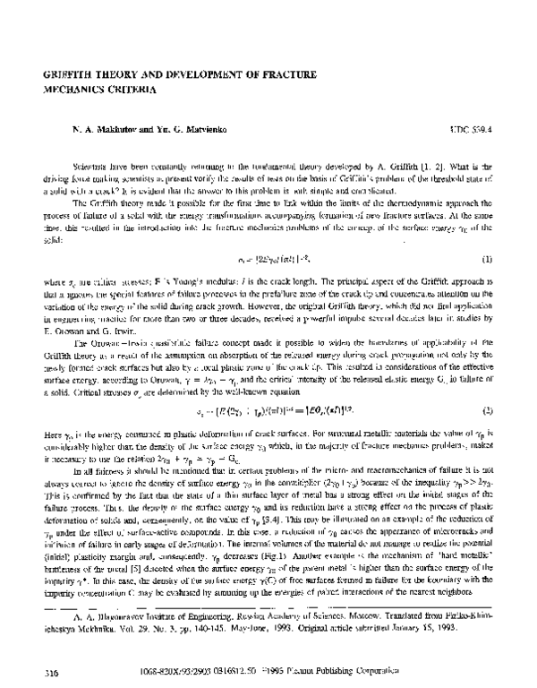 (PDF) Griffith theory and development of fracture mechanics criteria