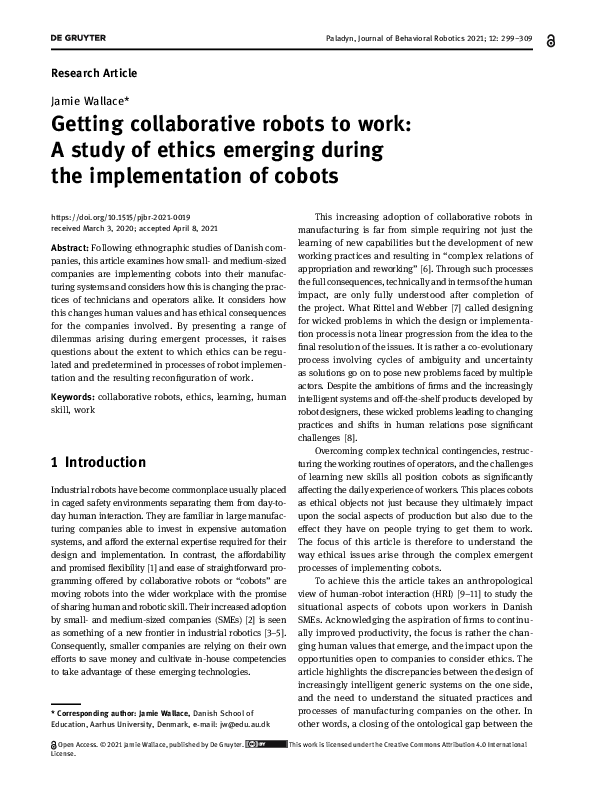 (PDF) Getting collaborative robots to work: A study of ethics emerging ...