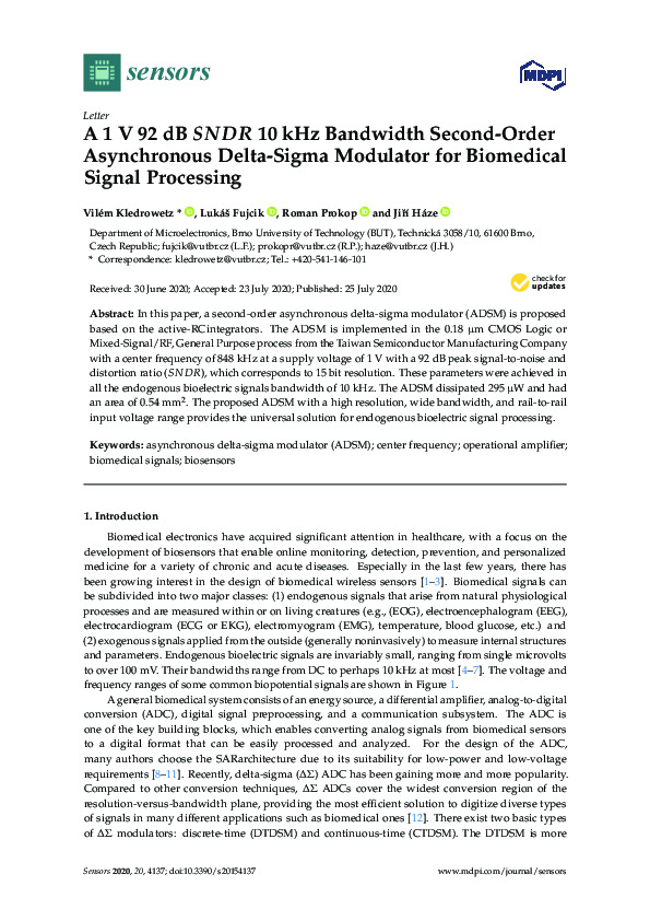 (PDF) A 1 V 92 dB SNDR 10 kHz Bandwidth Second-Order Asynchronous Delta-Sigma Modulator for ...
