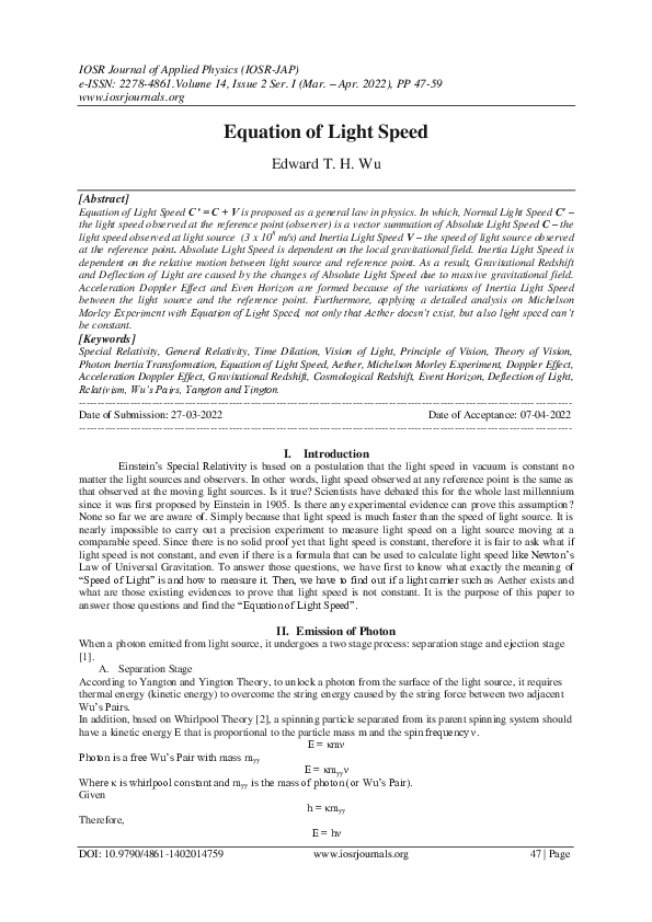 (PDF) Equation of Light Speed