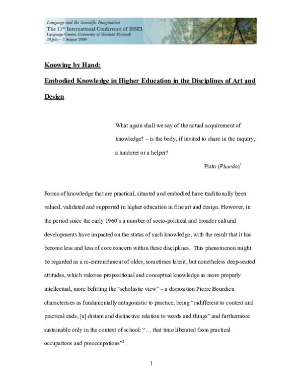 (PDF) Knowing by Hand: Embodied Knowledge in Higher Education in the ...