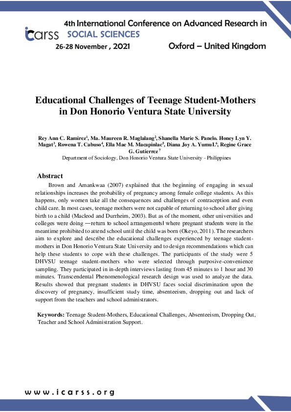(PDF) Educational Challenges of Teenage Student-Mothers in Don Honorio ...