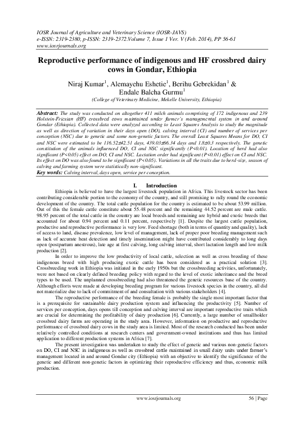 (PDF) Reproductive performance of indigenous and HF crossbred dairy cows in Gondar, Ethiopia ...