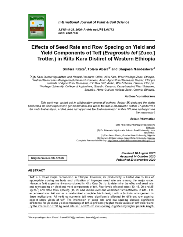 (PDF) Effects of Seed Rate and Row Spacing on Yield and Yield Components of Teff (Eragrostis tef ...