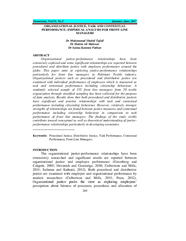 (PDF) Organizational Justice, Task And Contextual Performance: Empirical Analysis For Front Line ...