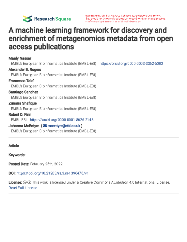 (PDF) A machine learning framework for discovery and enrichment of metagenomics metadata from ...