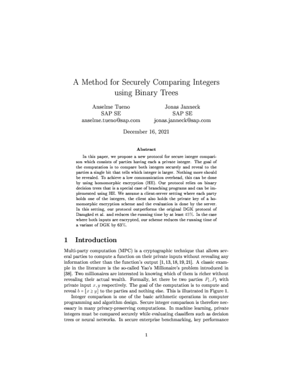 Pdf A Method For Securely Comparing Integers Using Binary Trees