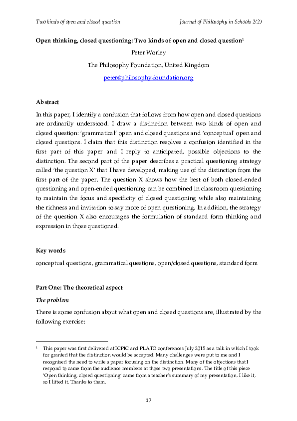 (PDF) Open thinking, closed questioning: Two kinds of open and closed ...