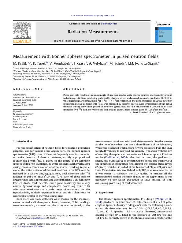 (PDF) Measurement with Bonner spheres spectrometer in pulsed neutron ...